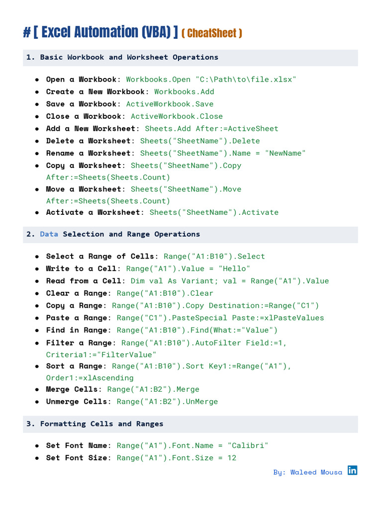 Excel Automation - Cheatsheet | Download Free PDF | Control Flow | Microsoft Excel