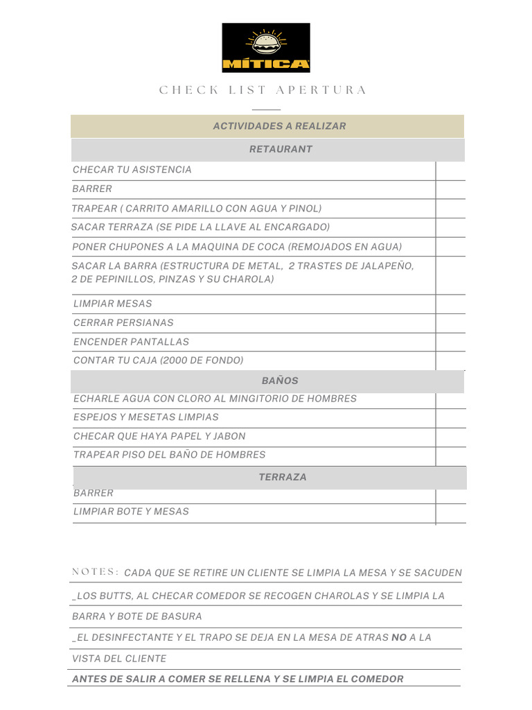 Checklist de Limpieza y Cierre de Restaurante | PDF | Ciencias sociales ...