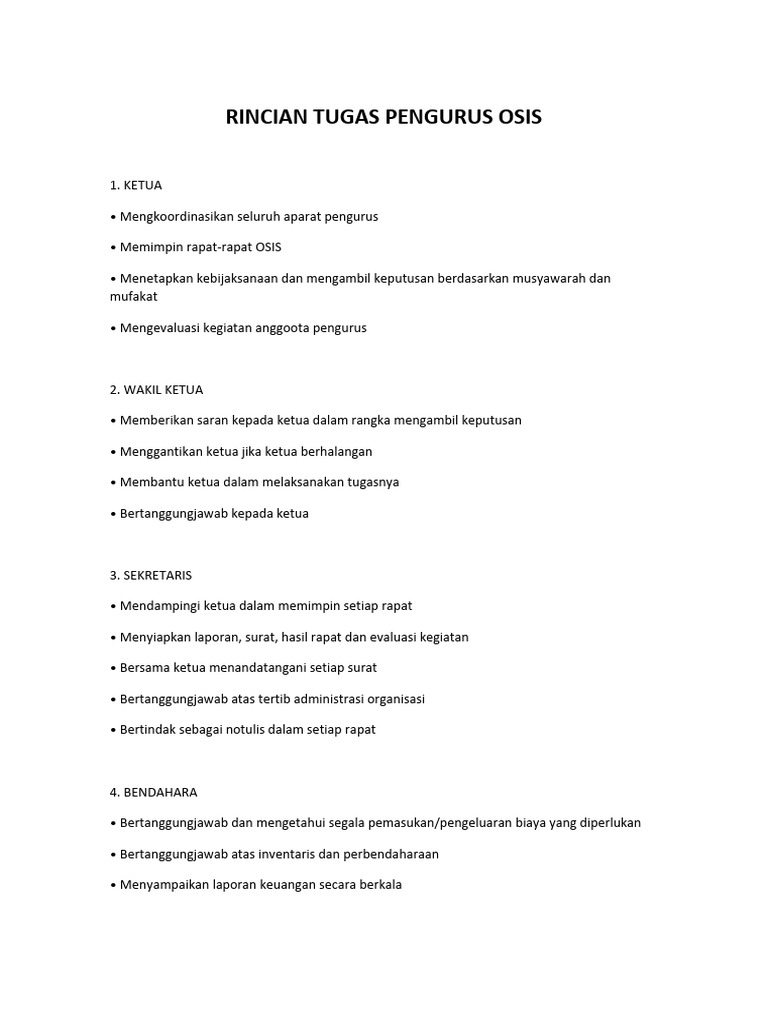 Rincian Tugas Pengurus Osis | PDF