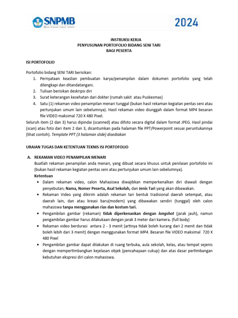 00 Panduan Porto Seni Tari SNPMB 2024 | PDF