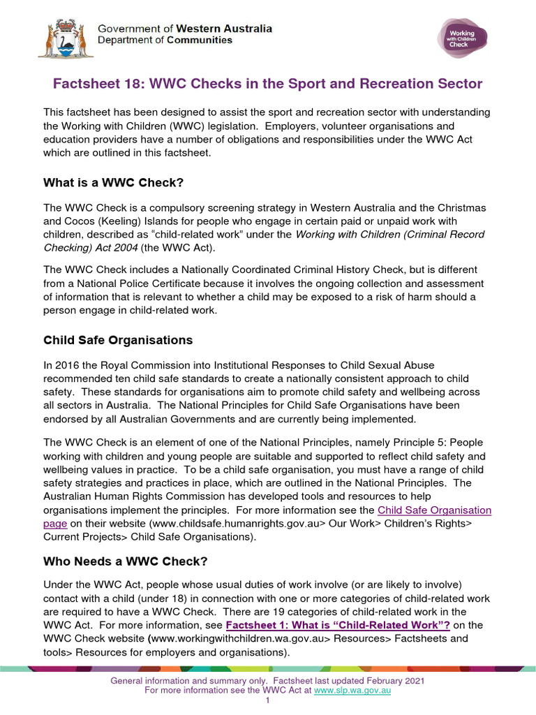 Factsheet 18 WWC Checks in The Sport and Recreation Sector 2015 | PDF ...