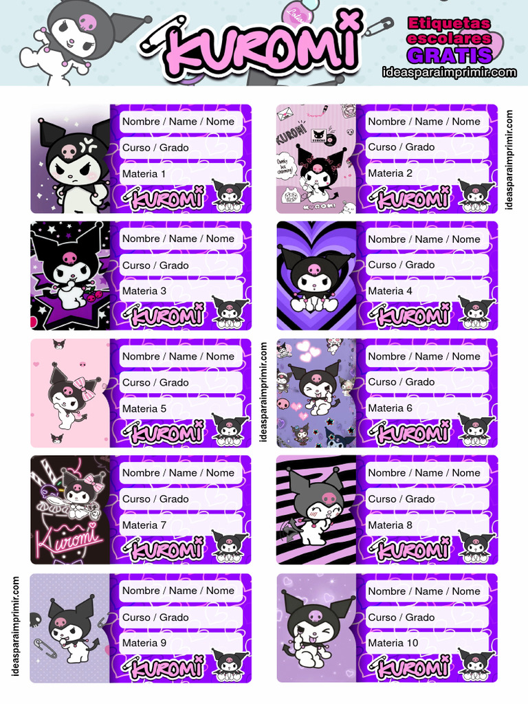 Etiquetas Escolares Kuromi Editables Gratis | PDF