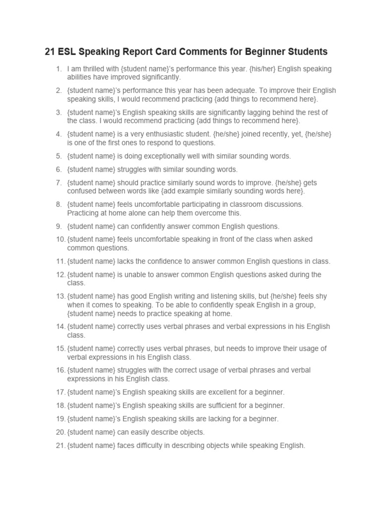 ESL Speaking Report Card Comments | PDF | Phonics | English Language