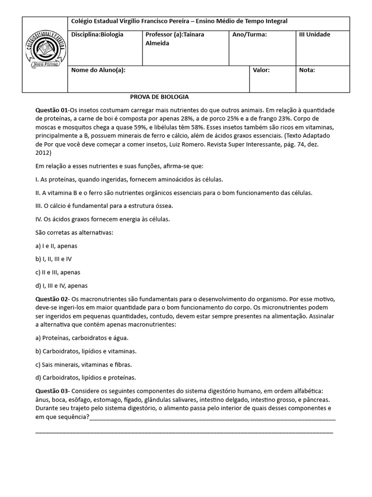 PROVA DE BIOLOGIA 1 e 2 EJA | PDF | Sistema digestivo humano | Sistema respiratório