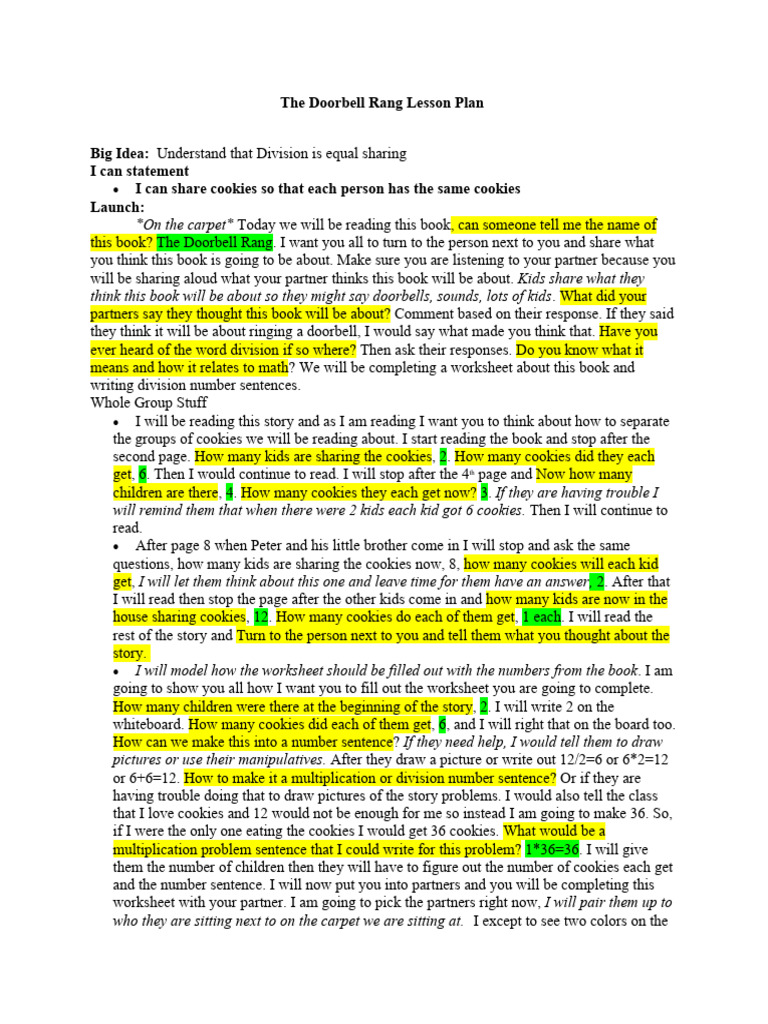 The Doorbell Rang Lesson Plan Math | PDF | Http Cookie | Cognition