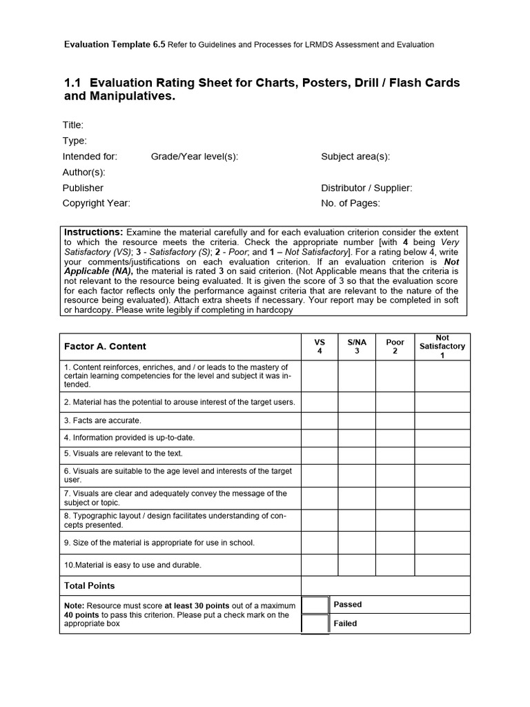 Evaluation Rating Sheet For Charts, Posters, Drills | PDF | Typography ...