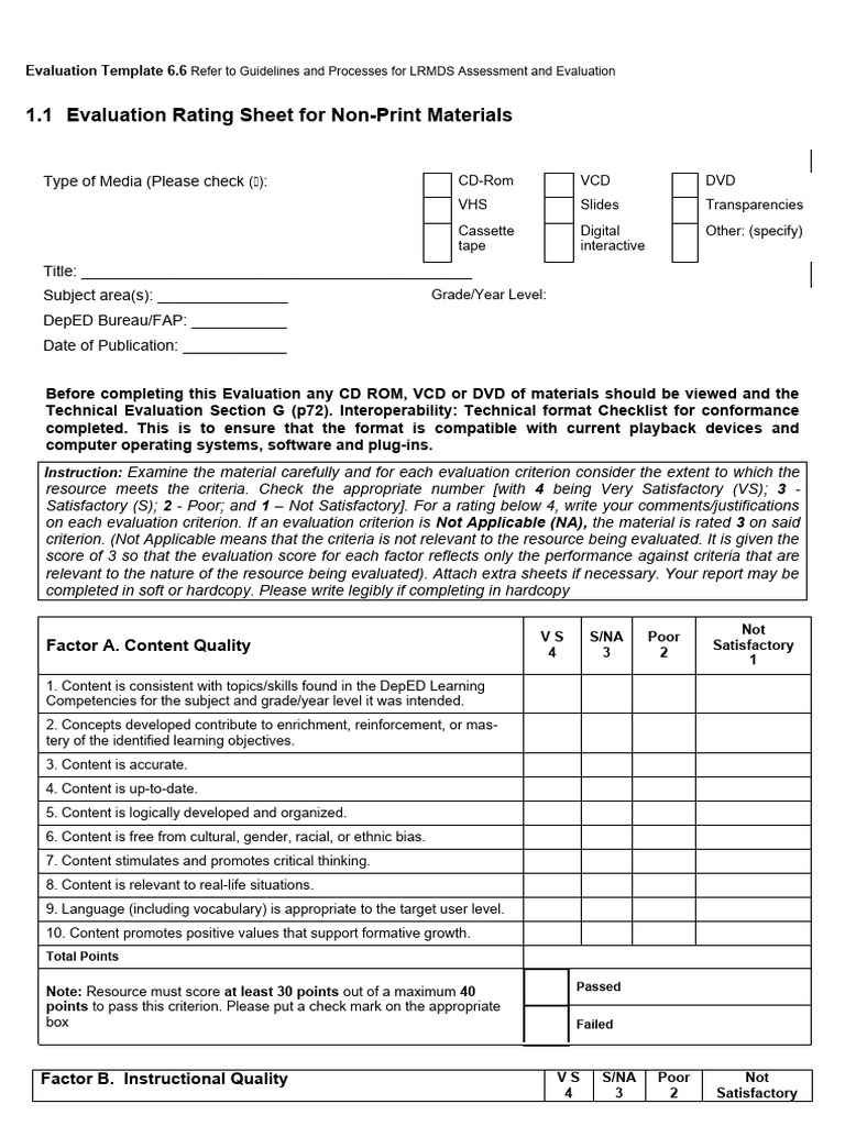 Evaluation Rating Sheet For Non-Print | Download Free PDF | Educational ...