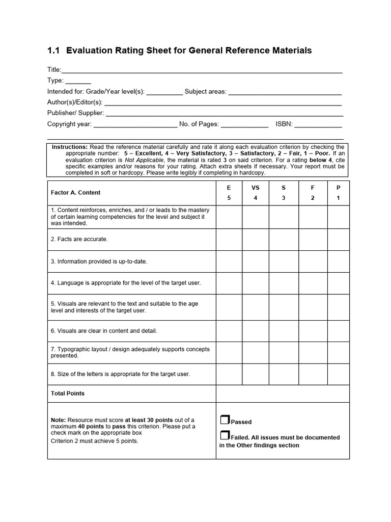 Evaluation Rating Sheet For General Reference Materials | PDF ...