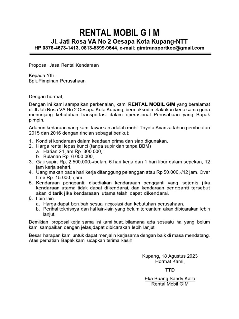 Proposal Pengajuan Sewa Kendaraan Ke PT | PDF