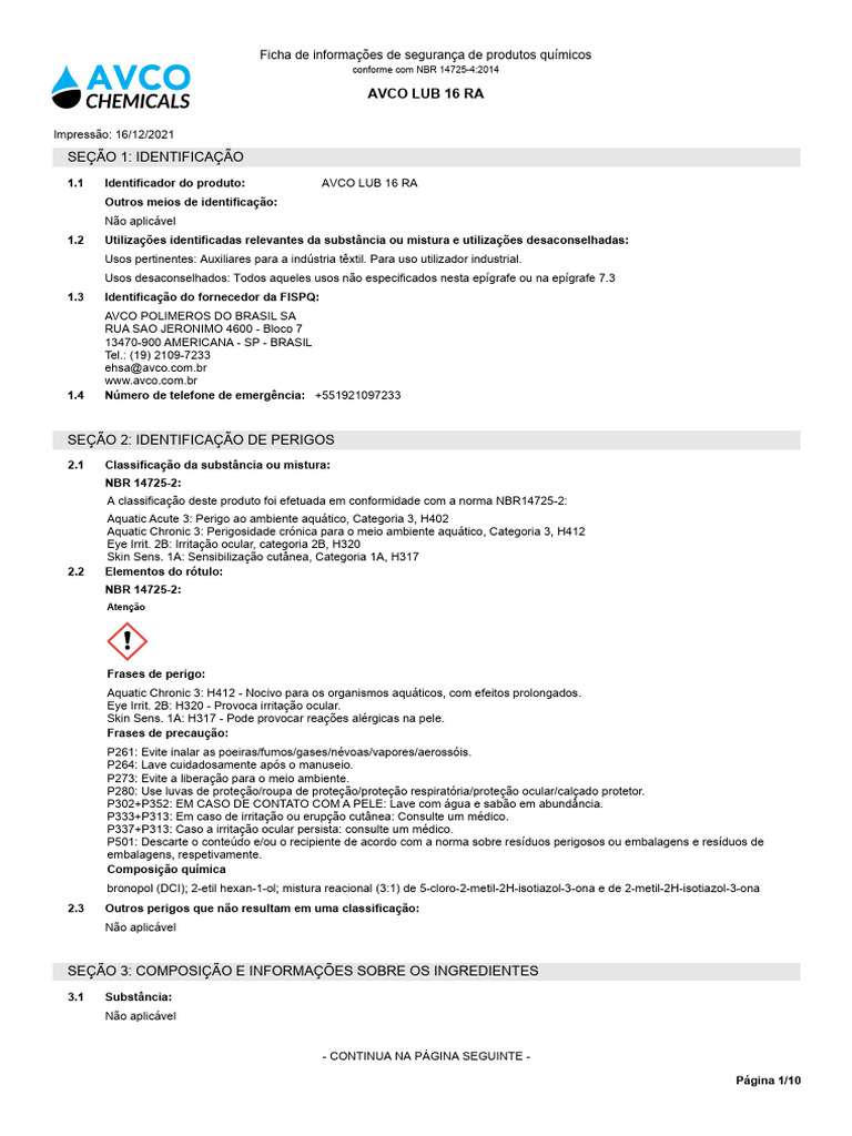 FISPQ AVCO LUB 16 RA: Segurança Química | PDF | Química | Desperdício