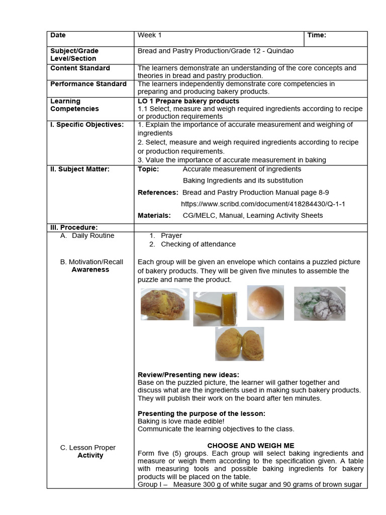 Lesson-Plan-Bread Pastry CADELINA JHONABIE LUMI | PDF | Teaspoon | Gallon