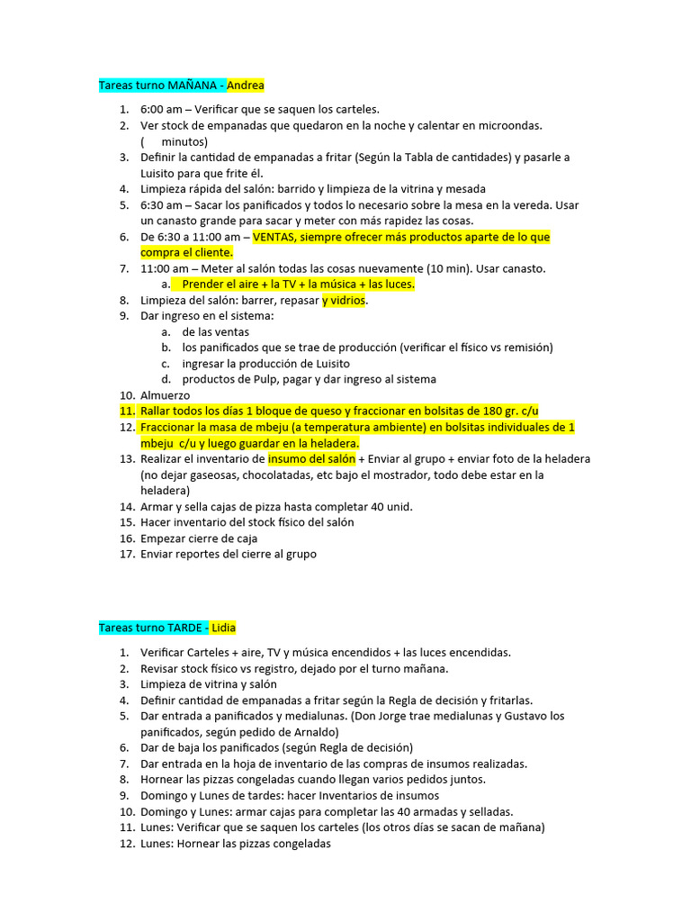 Tareas Turno Mañana y Tarde | PDF | Productos horneados | Comida y bebida