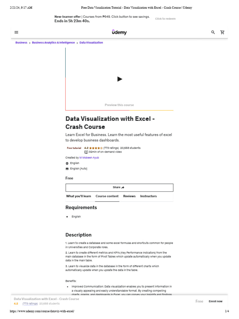 Free Data Visualization Tutorial - Data Visualization With Excel - Crash Course - Udemy | PDF ...