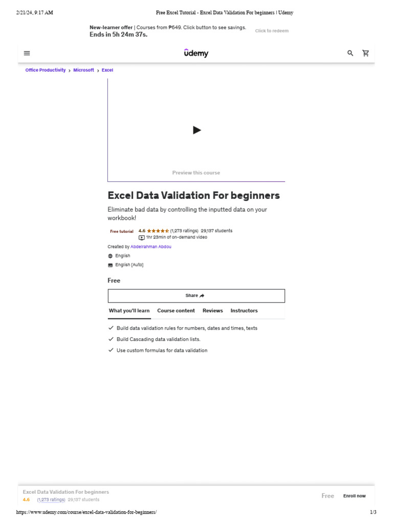 Free Excel Tutorial Excel Data Validation For Beginners Udemy Pdf Microsoft Excel Software