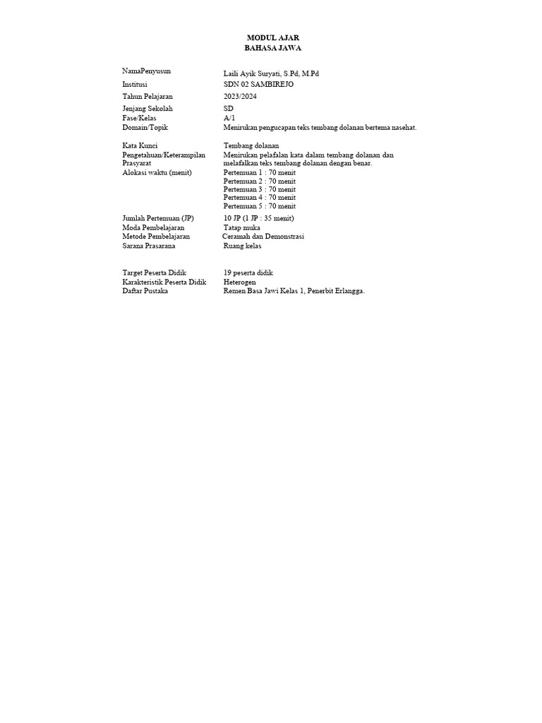 Modul Ajar Kelas 1 | PDF | Karier & Perkembangan | Seni & Disiplin Bahasa