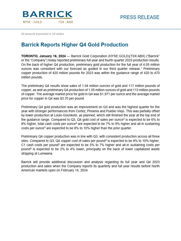 Barrick Reports Higher Q4 Gold Production | PDF | Free Cash Flow | Risk