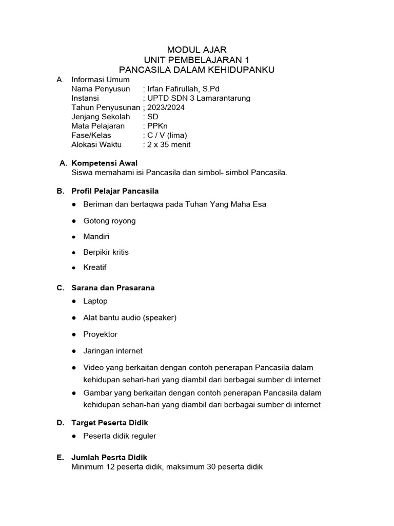Contoh MODUL AJAR Kelas 5 KURMER | PDF