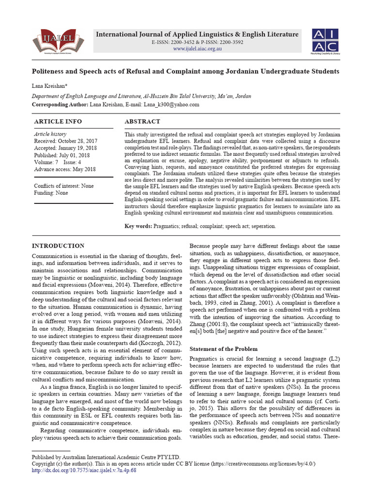Politeness and SA of Refusal and Complaint | PDF | English As A Second ...