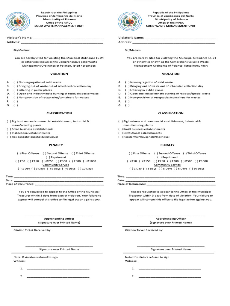 Citation Ticket | PDF | Waste Management | Secondary Sector Of The Economy