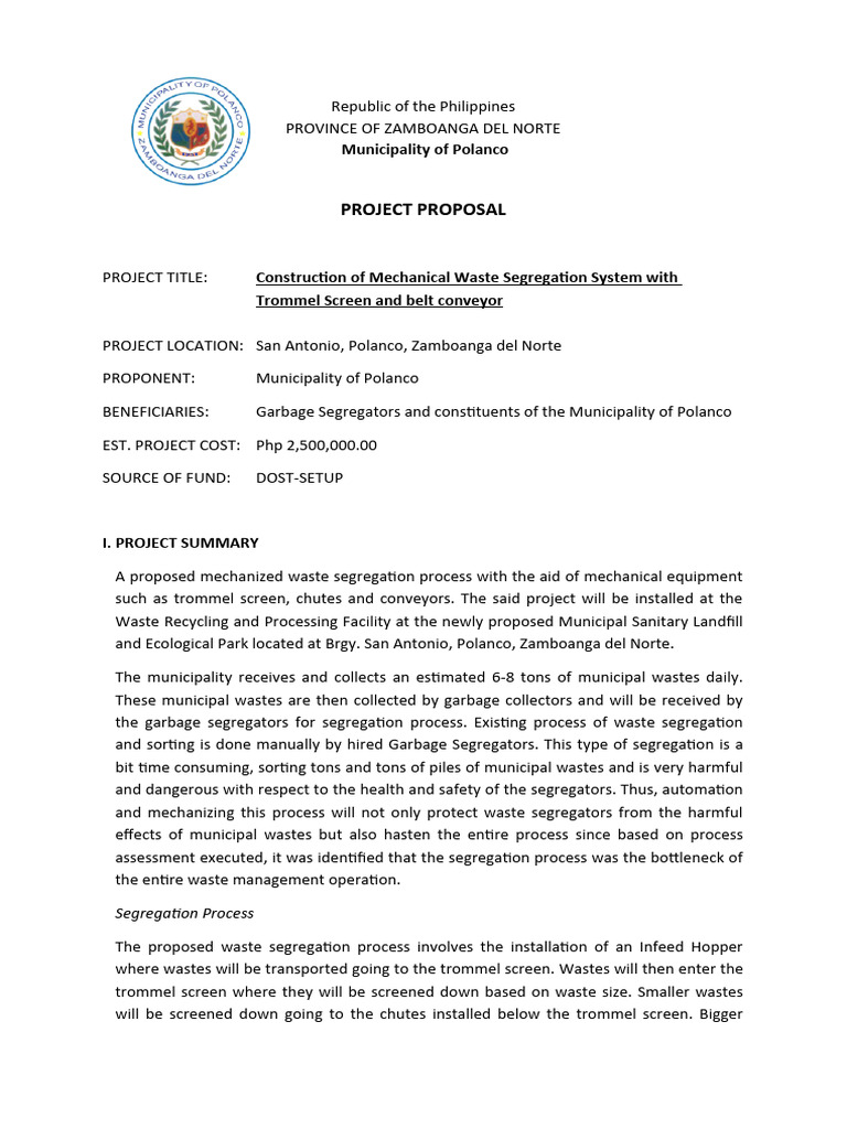 PROJECT PROPOSAL - Trommel Screen | PDF | Municipal Solid Waste | Waste