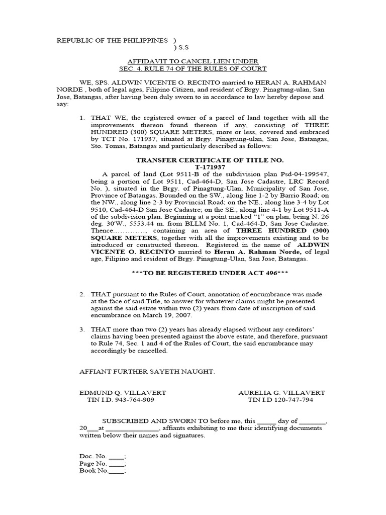 Cancellation of Lien Under Rule 74 | PDF | Politics | Social Science