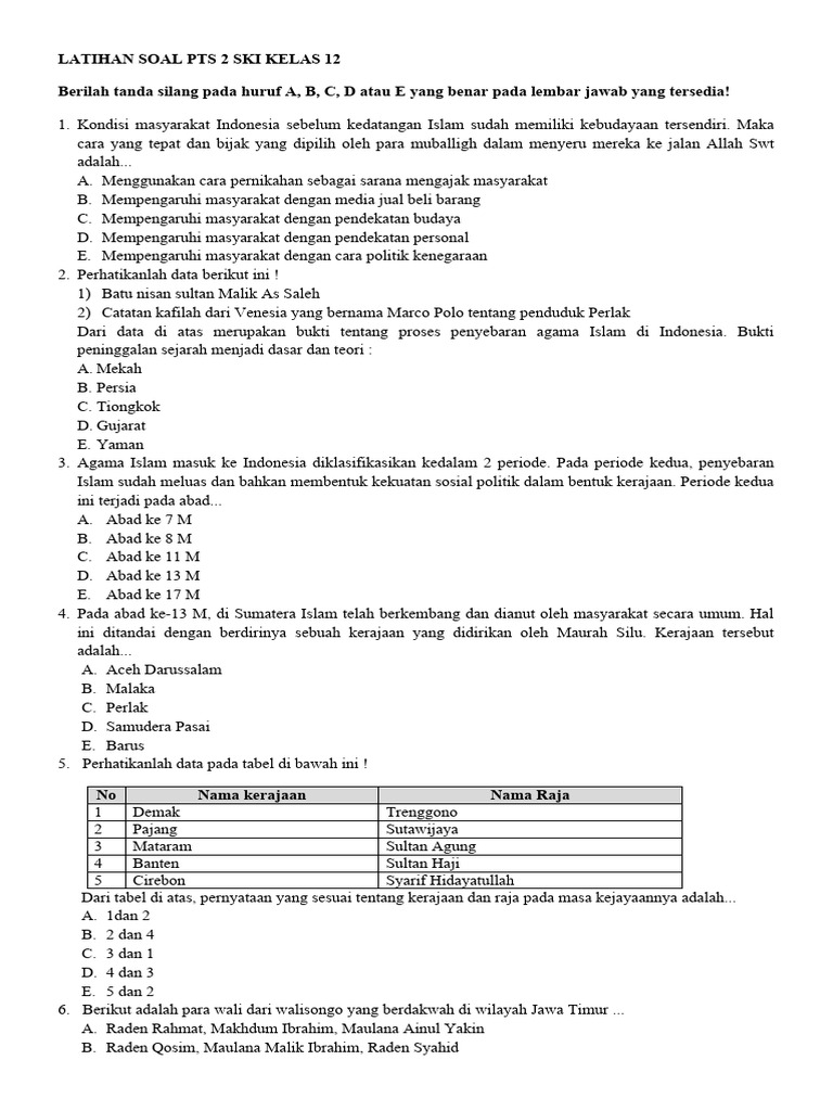 Latihan Soal PTS 2 Ski Kelas 12 | PDF