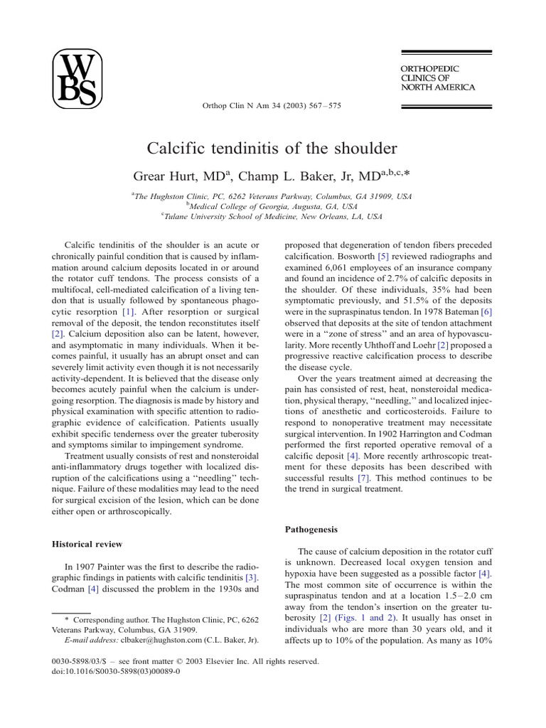 Calcific Tendinitis of The Shoulder: Grear Hurt, MD, Champ L. Baker, JR ...