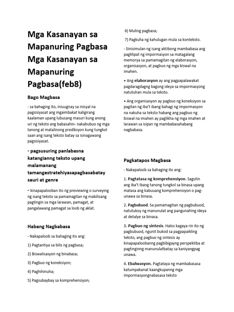 Mga Kasanayan Sa Mapanuring Pagbasa Mga Kasanayan Sa Mapanuring Pagbasa ...