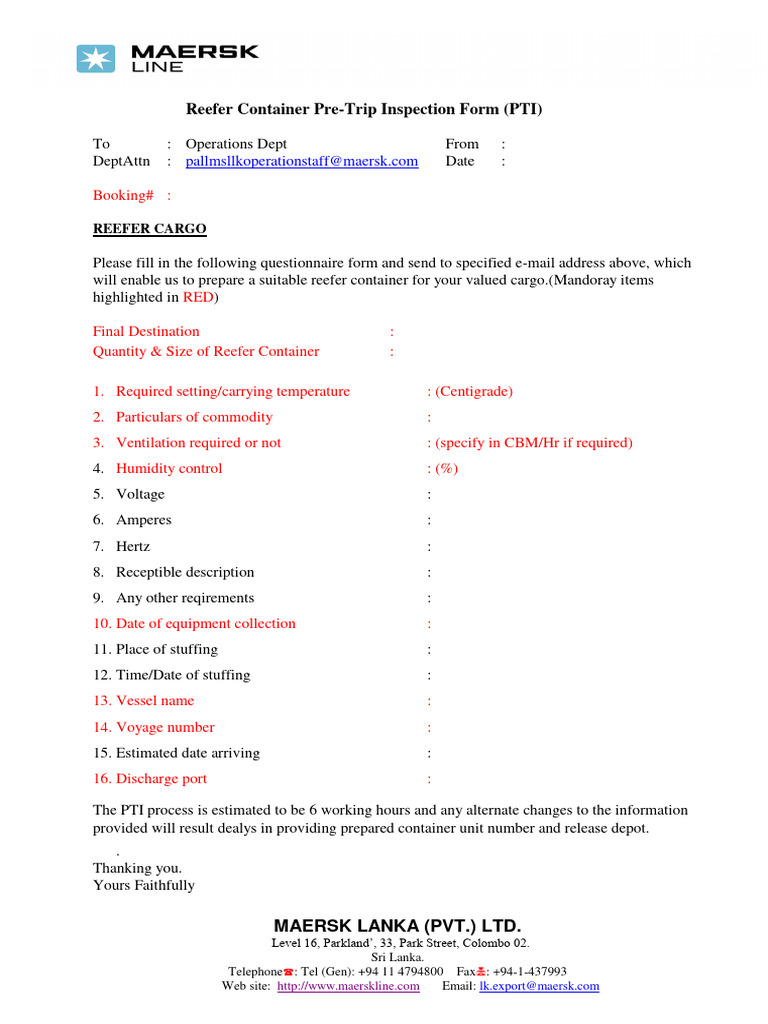 Reefer Container Pre Trip Inspection Form | PDF