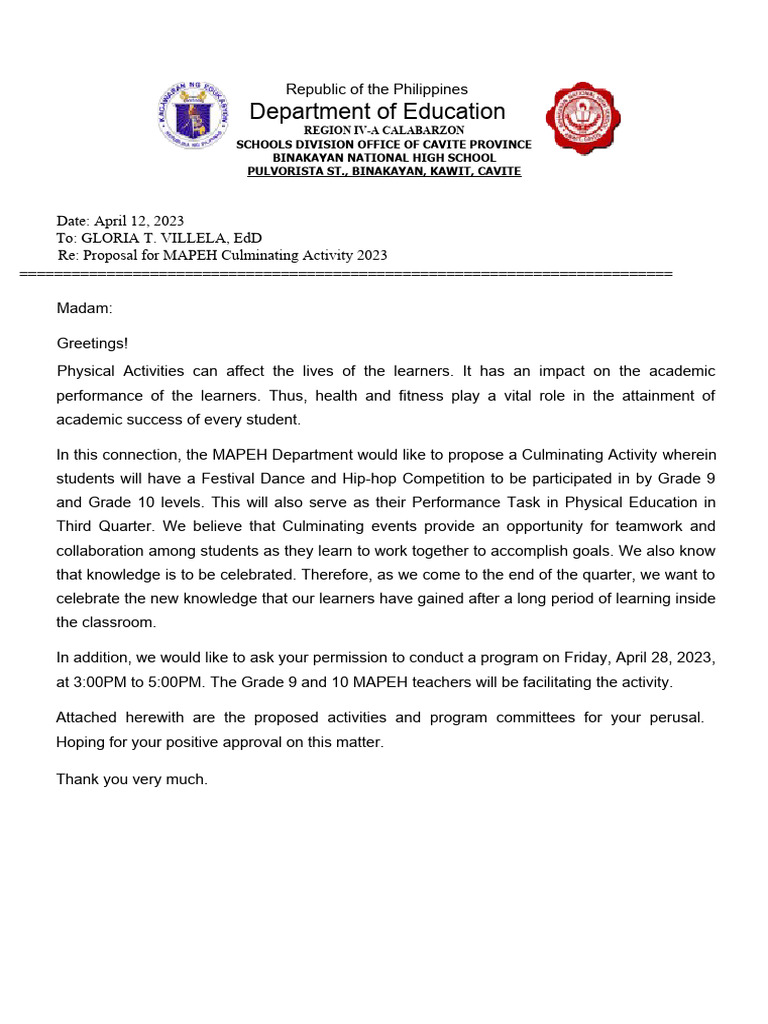 Proposal MAPEH Culminating Activity 2023 | PDF | Teachers | Behavior Modification