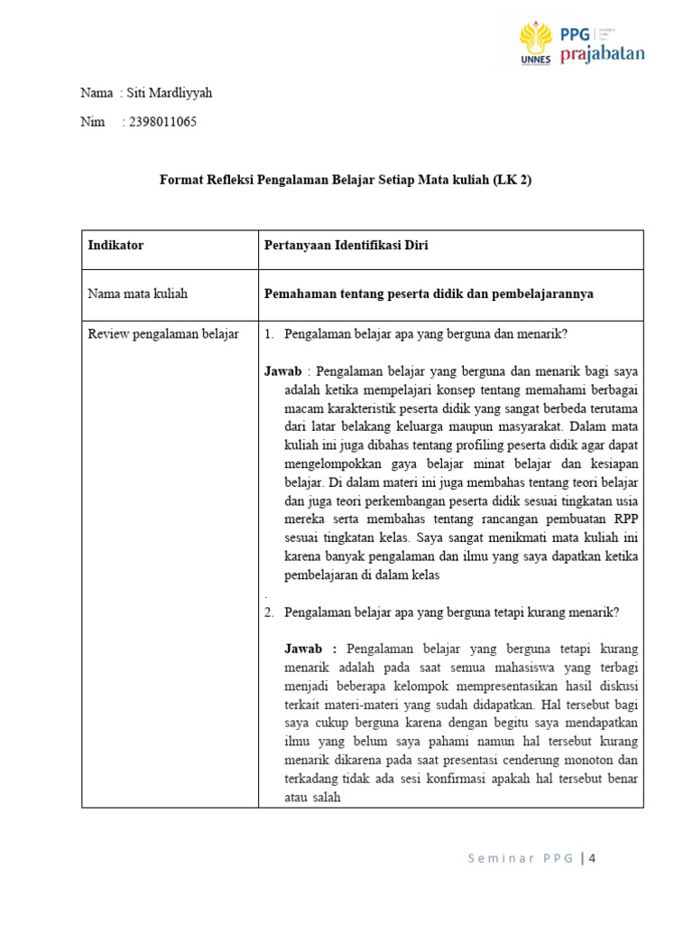 Refleksi Pengalaman Belajar PPDP - Siti Mardliyyah - Seminar PPG | PDF
