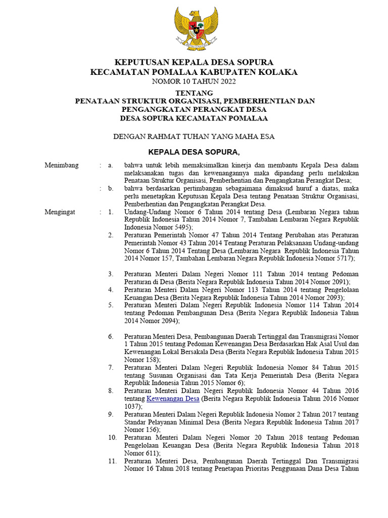 SK Pengangkatan Dan Pemberhentian Perangkat Desa 2022 | PDF