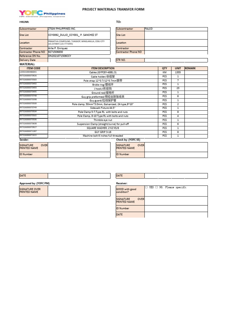 DN2021071506CCY - SITE Materials Tranfer Request | PDF | Joining | Components