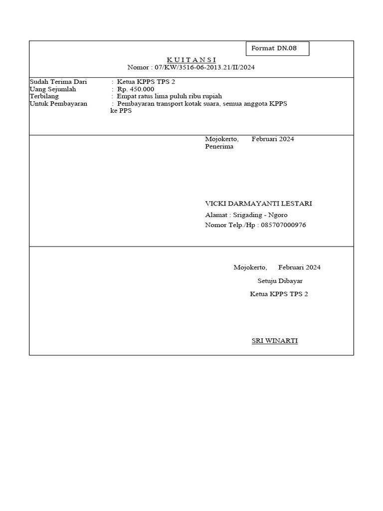 Kuitansi Lengkap DN.08 TPS 2 SPJ | PDF