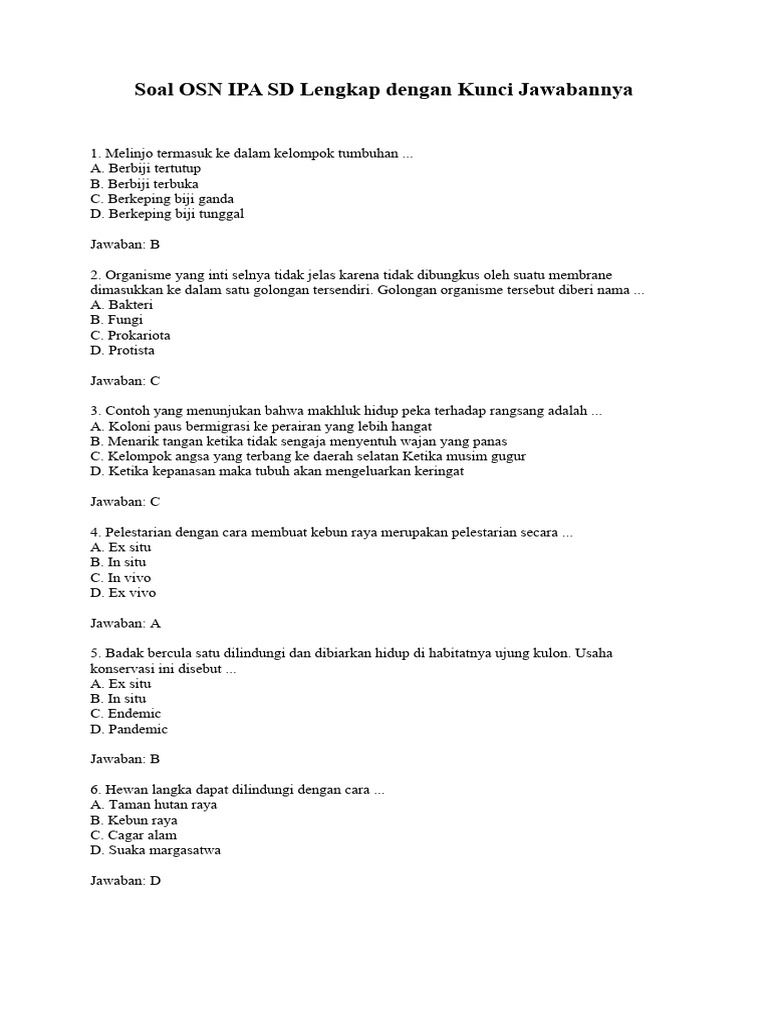 Soal OSN IPA SD Lengkap Dengan Kunci Jawabannya | PDF
