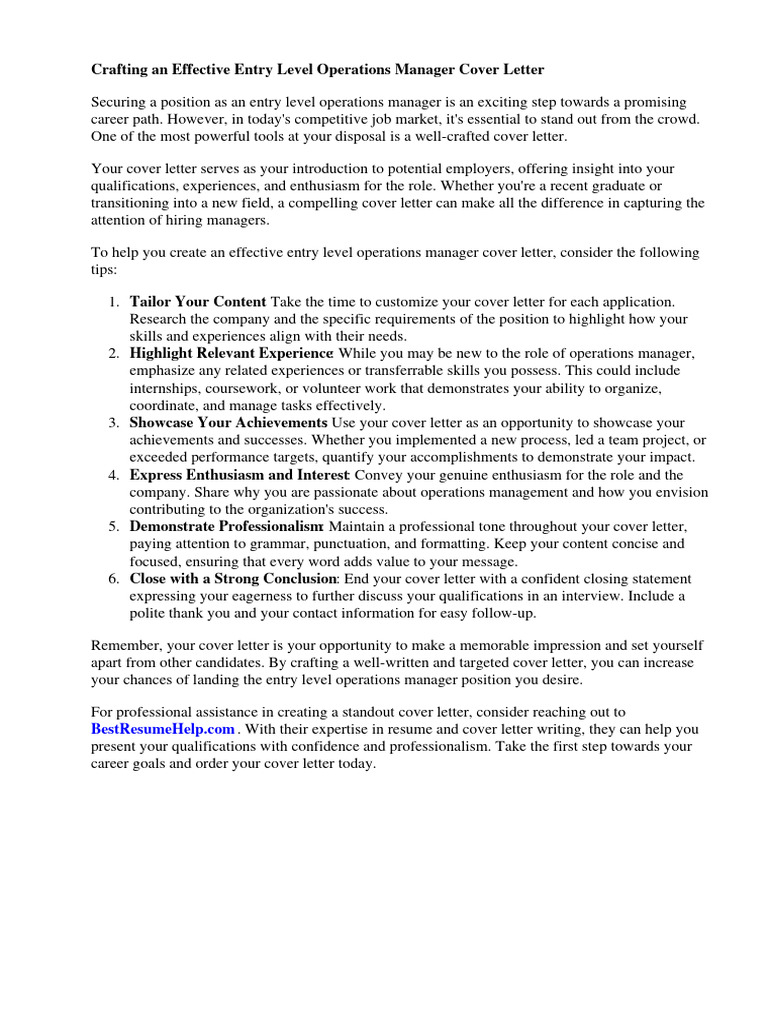 Entry Level Operations Manager Cover Letter | PDF | Résumé | Business
