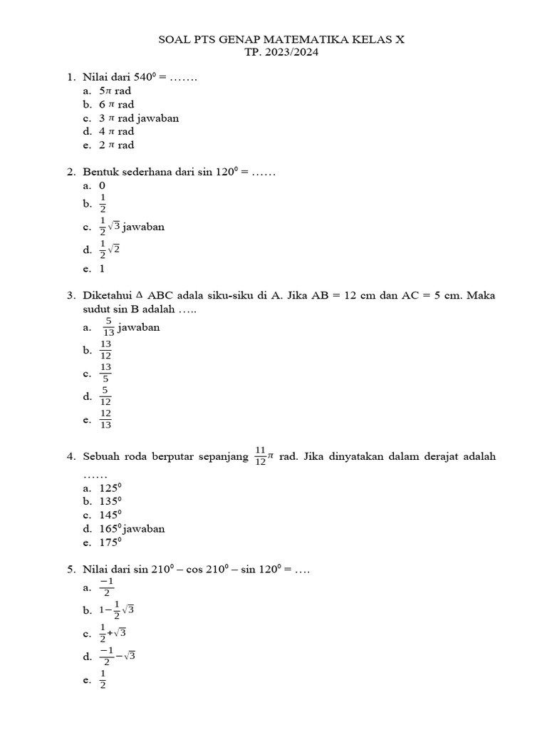 Soal PTS Matematika Kelas 10 Genap 2324 | PDF | Metode & Bahan Ajar | Griya & Taman