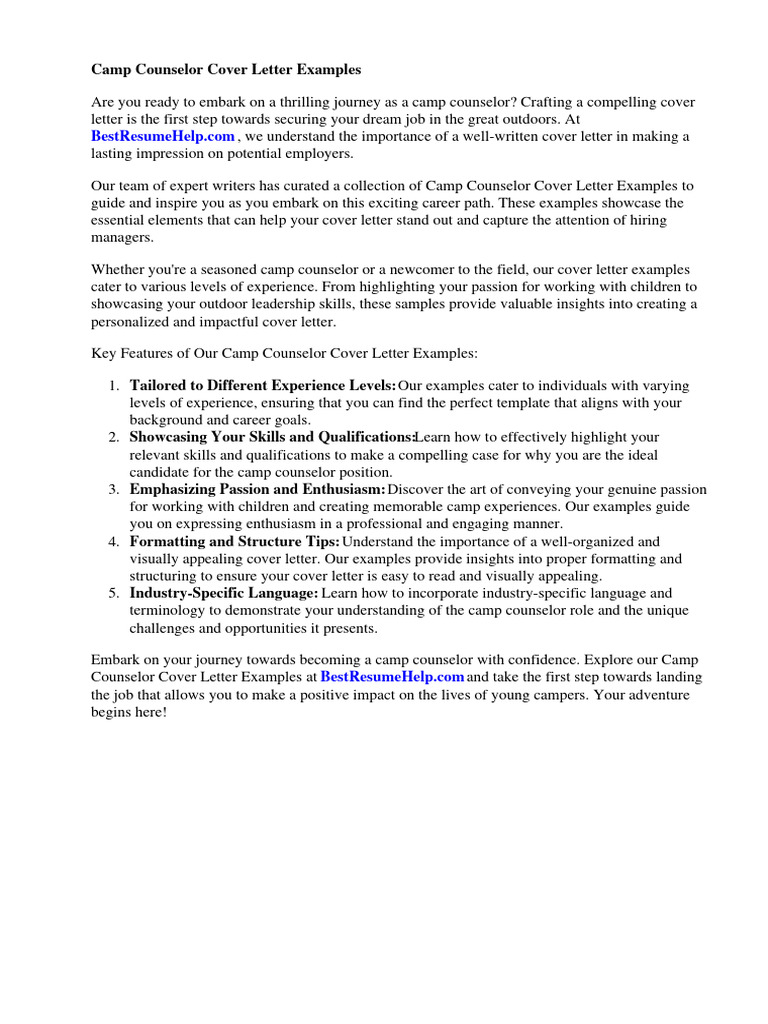 Camp Counselor Cover Letter Examples | PDF | Résumé | Experience