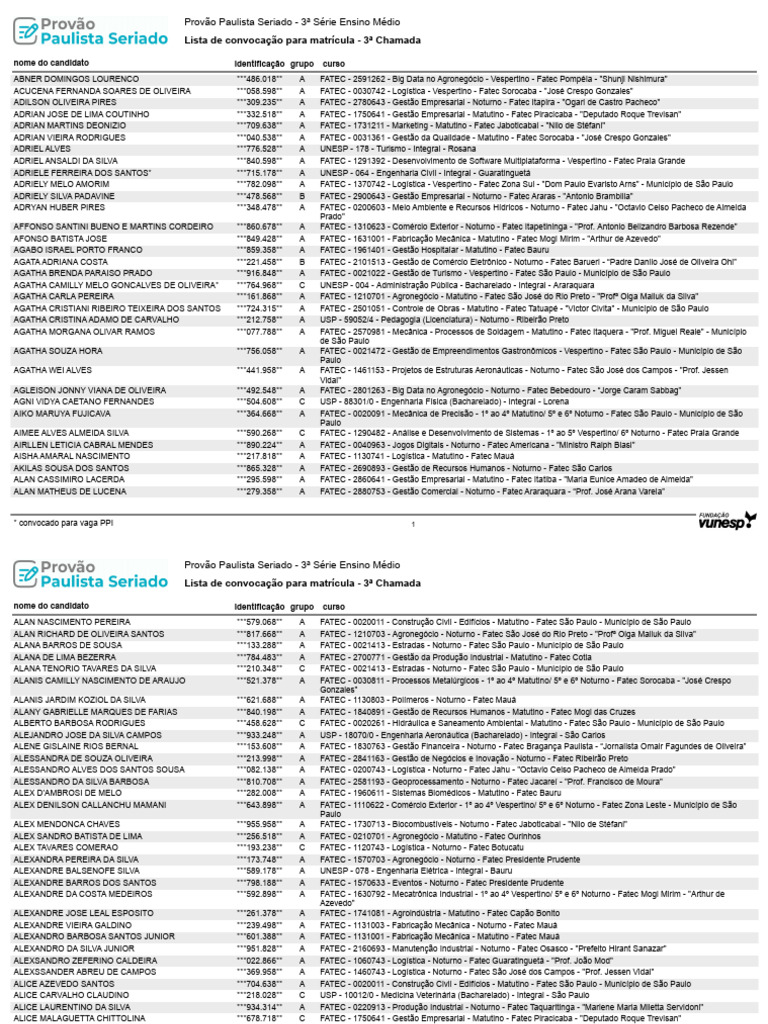 Provão Paulista - Lista 3a Chamada | PDF | São Paulo | Engenharia