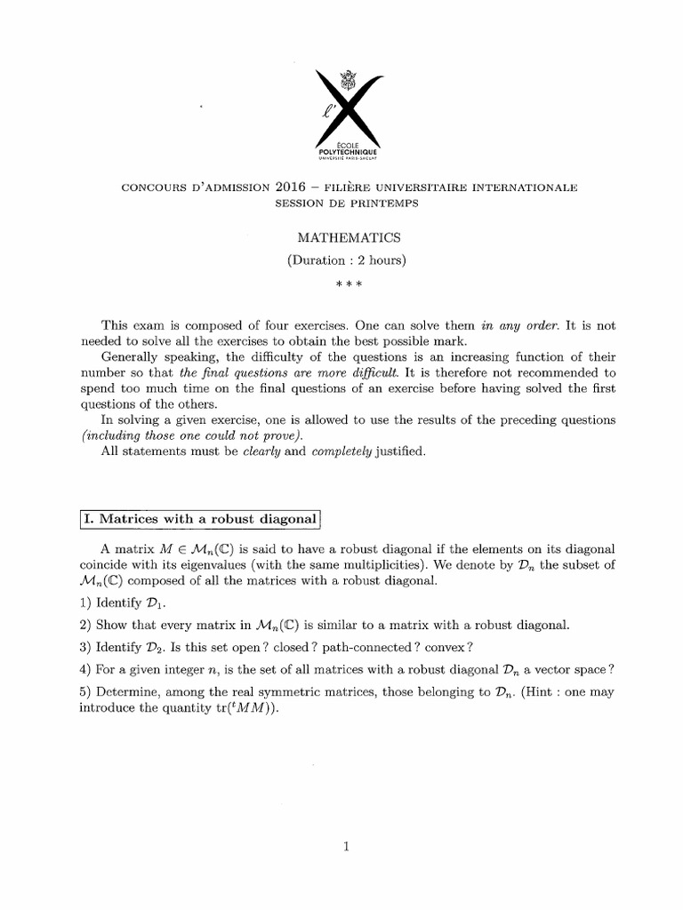 2016 Fui Sujet Ecrit Mathematics Printemps | PDF