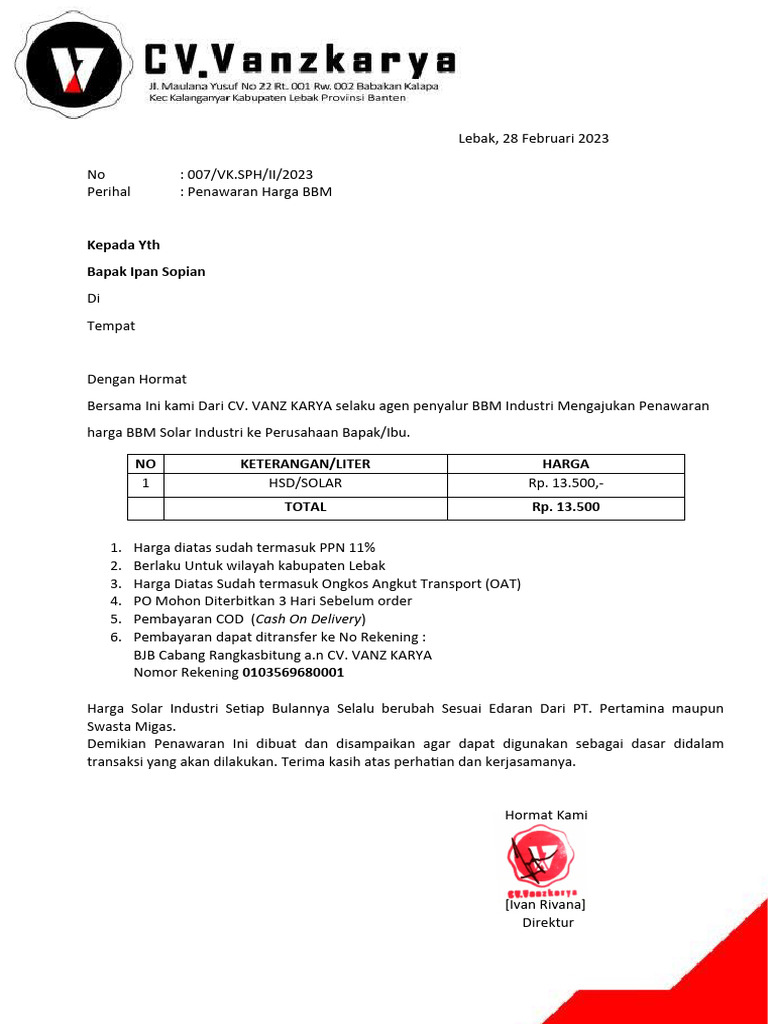 Surat Penawaran Harga Solar Cod | PDF