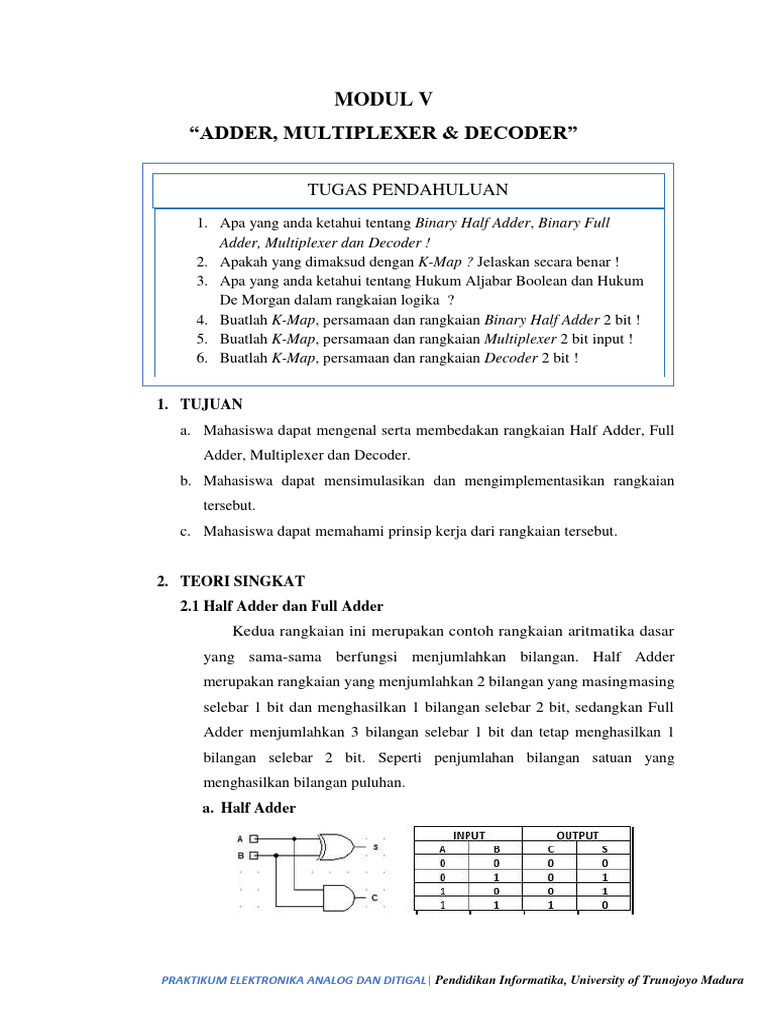MODUL V (Adder, Multiplexer & Decoder) | PDF