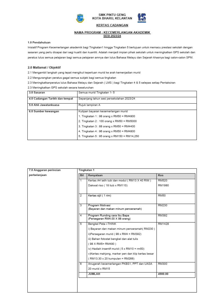 Cadangan Kertas Kerja Kecemerlangan | PDF