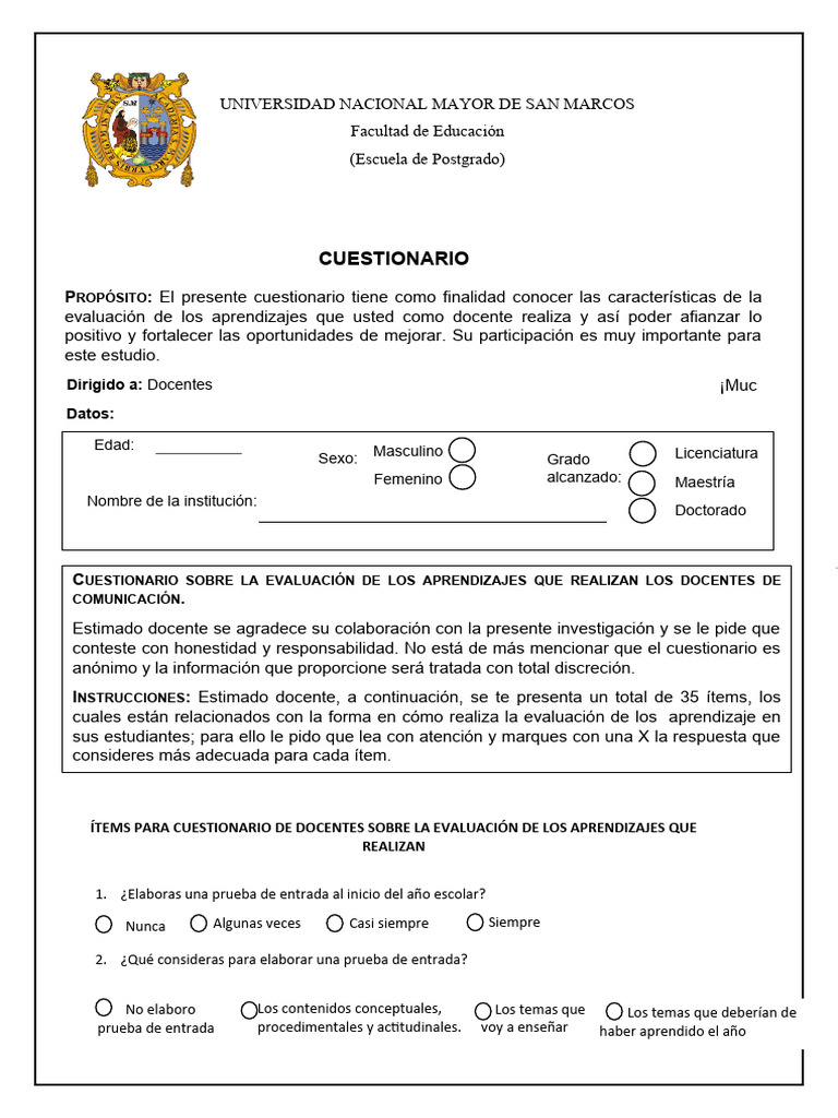 Cuestionario Final Profesores Profesora Ivette | PDF | Evaluación ...