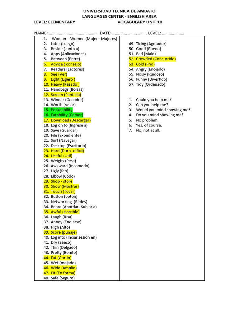 Vocabulary Unit 10 | PDF
