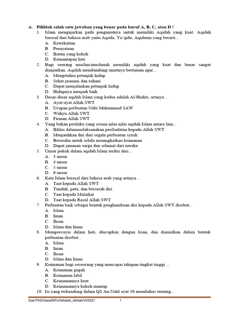 Soal Akidah Akhlak Kelas 7 Semester Gasal 2021-2022 | PDF | Agama & Spiritualitas