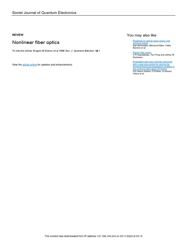 Nonlinear Fiber Optics | PDF | Dispersion (Optics) | Nonlinear Optics