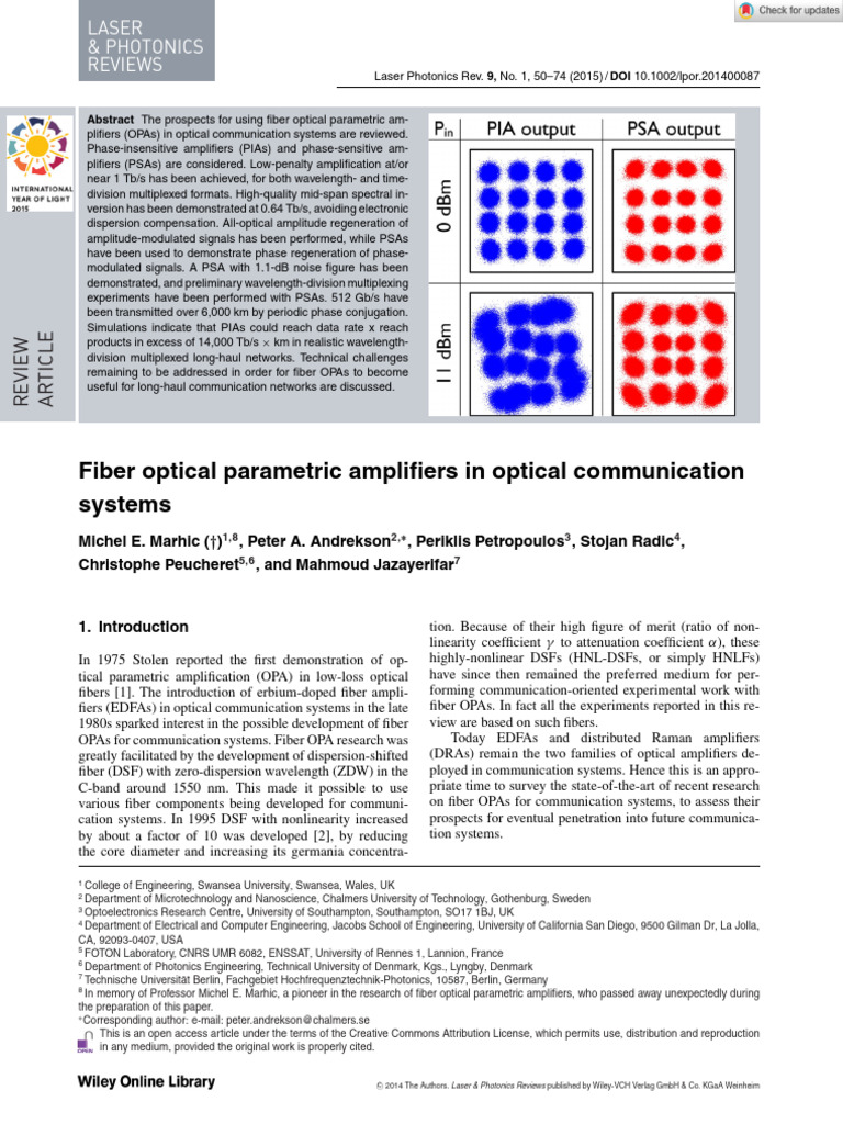 Fiber optical parametric amplifiers in optical communication systems | PDF | Nonlinear Optics ...