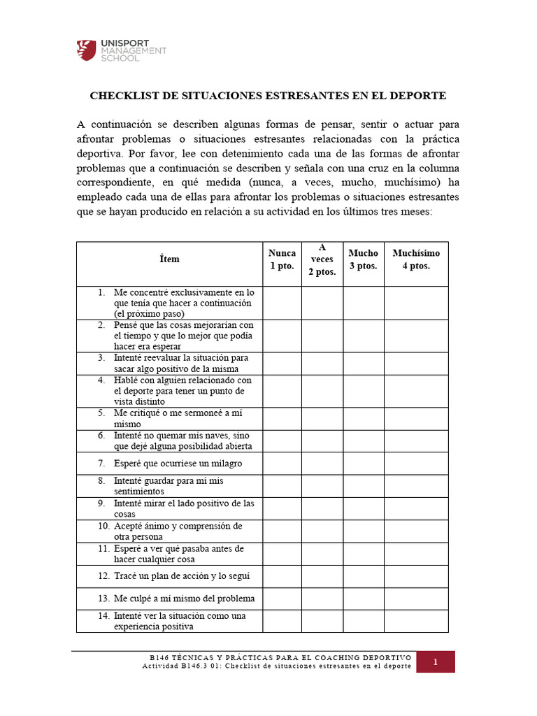 Actividad B146.3 01 Checklist de Situaciones Estresantes en El Deporte ...