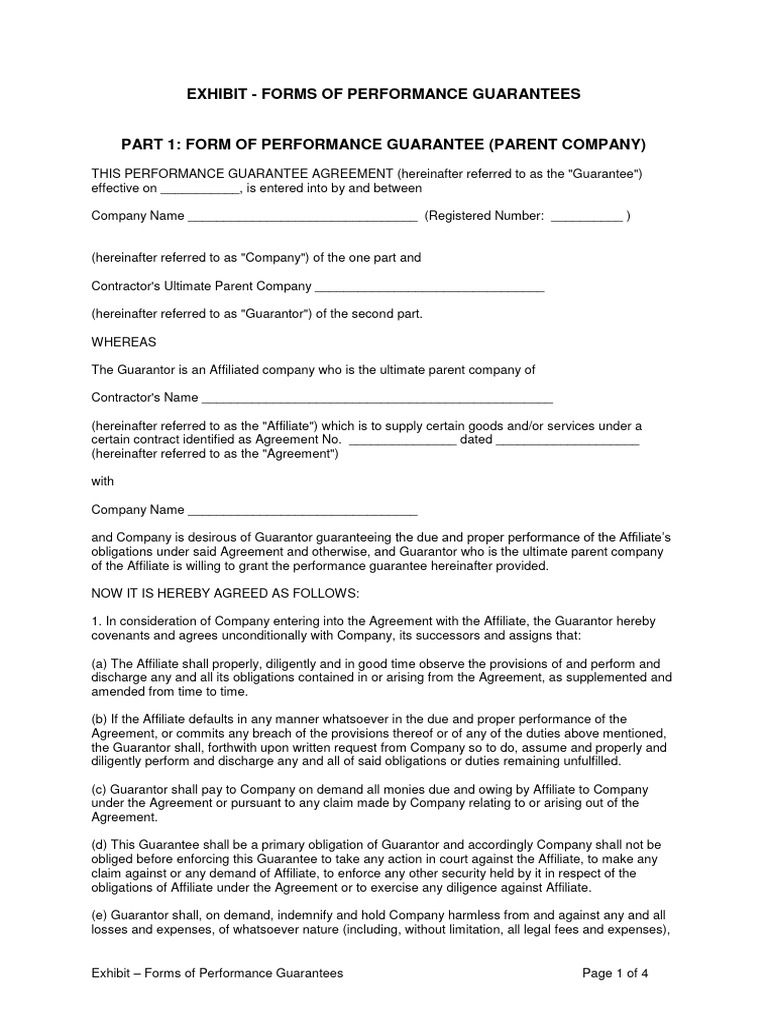 Exhibit Forms of Performance Guarantees | PDF | Indemnity | Guarantee